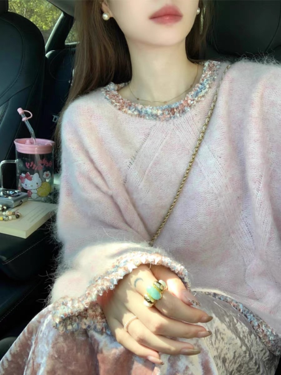 Chanel style pink splicing pullover soft mohair sweater women's autumn and winter thick lazy ...