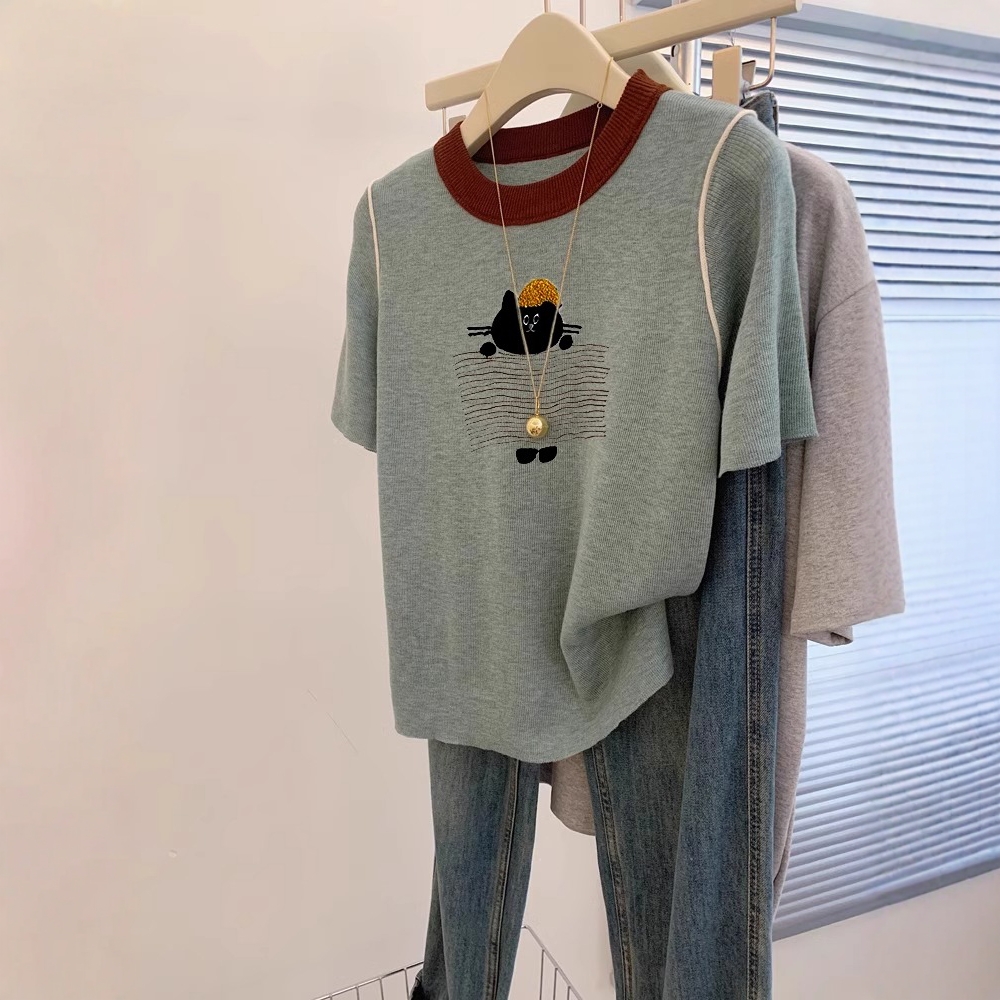 This year's popular casual style green cartoon knitted short-sleeved women's 2025 new style ...